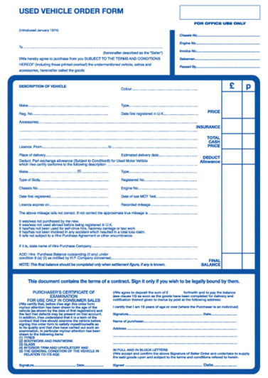 Used Vehicle Order Form - 50 A4 Inserts - Tagster Ltd