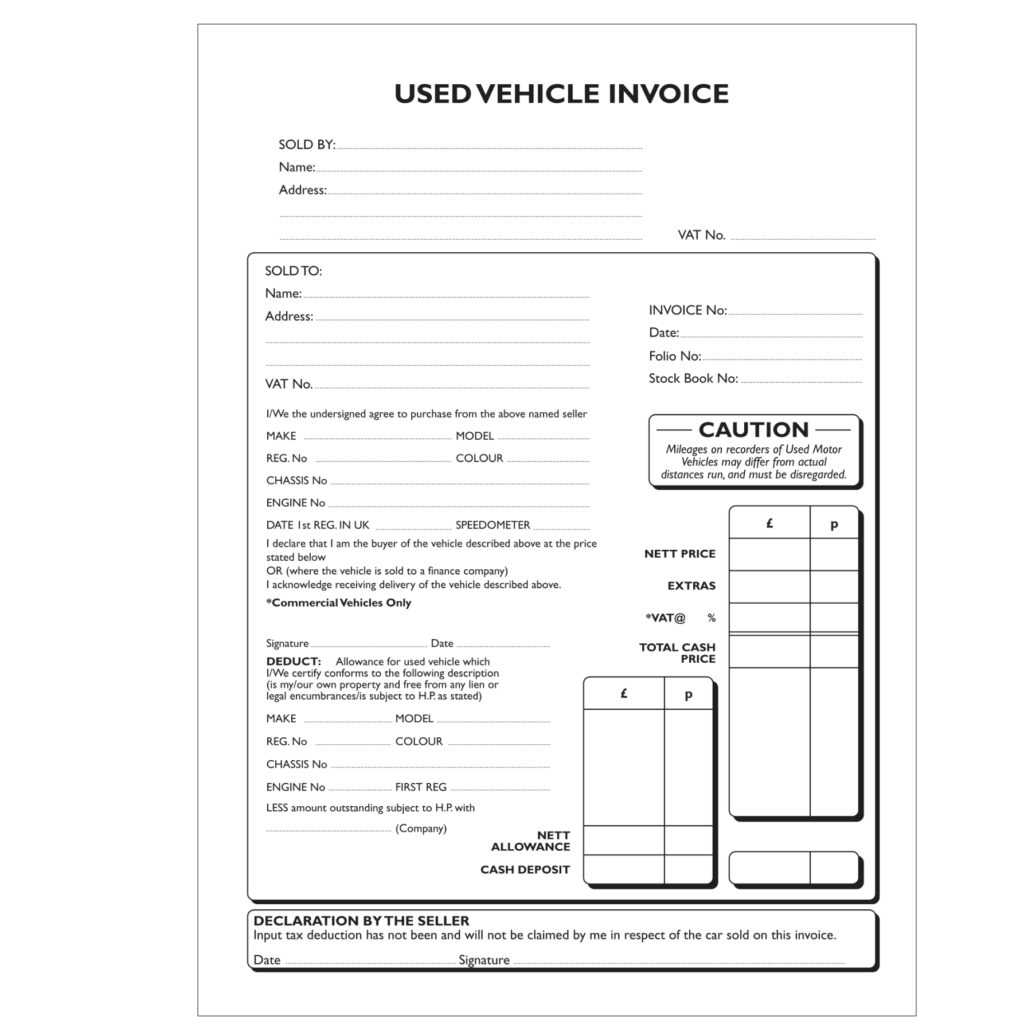 A4 50 Page Used Car Invoice Pad - Tagster Ltd